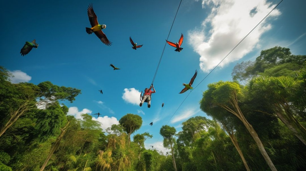 a man ziplining in the jungle surrounded by a flock...