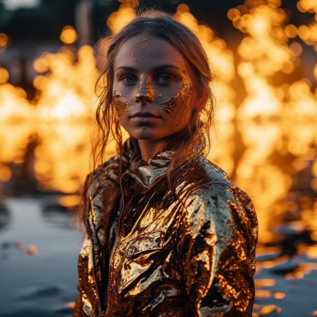 raw photo metallic girl with reflections from a gian... | OpenArt