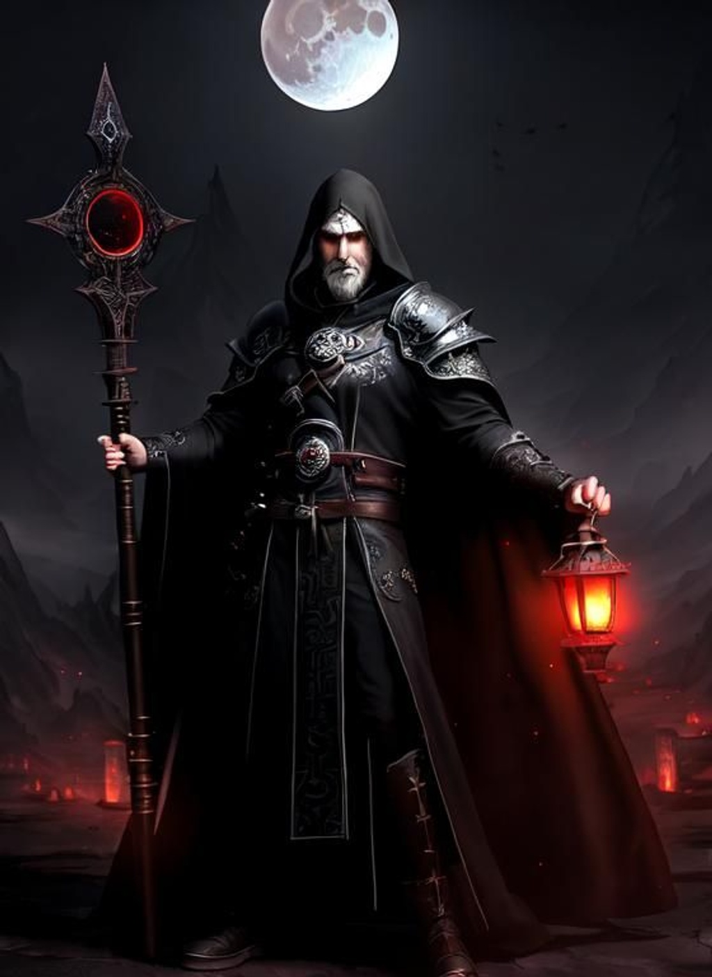 old decrepit male necromancer, staff, dark leather r...