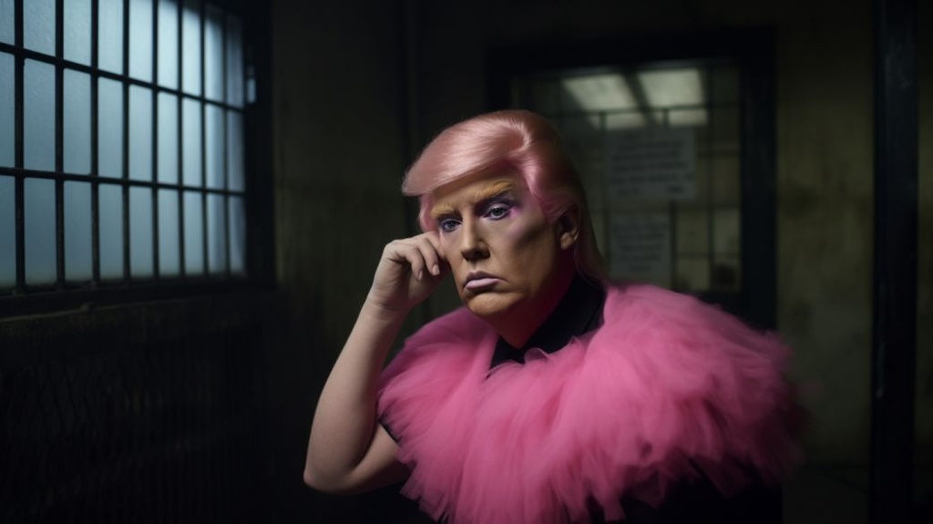 Donald trump in a pink tutu, looking pretty, standin...