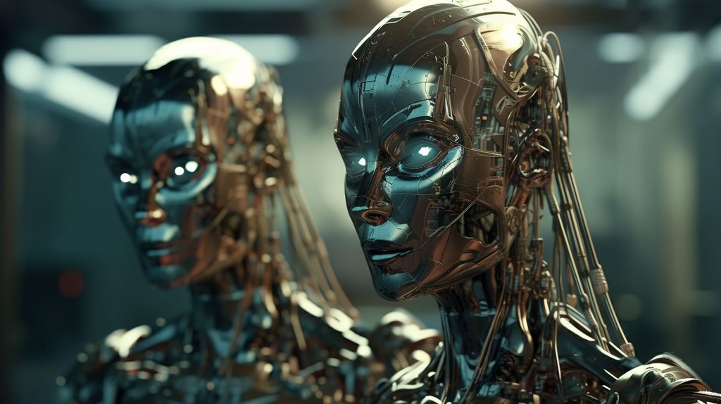 two robots stand on top of a platform, in the style...