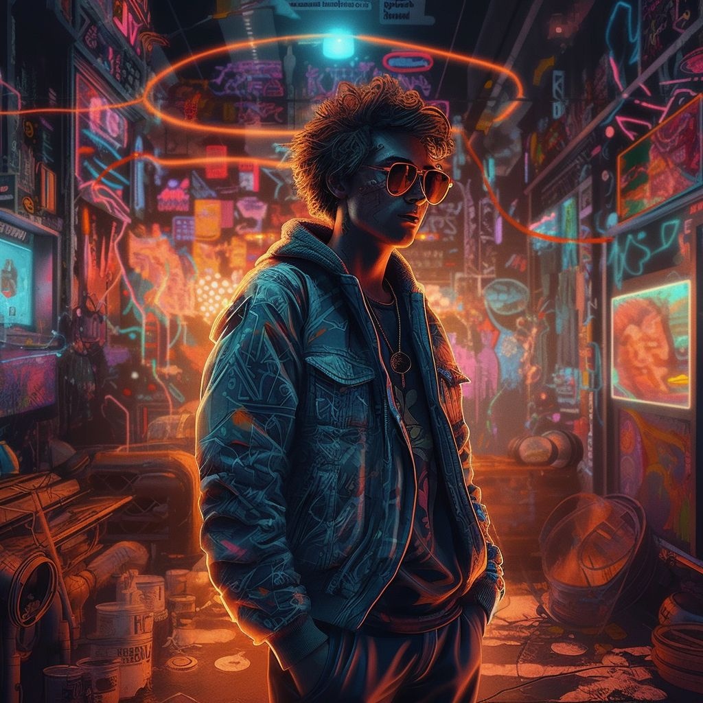 art of neon lights, in the style of detailed charact...