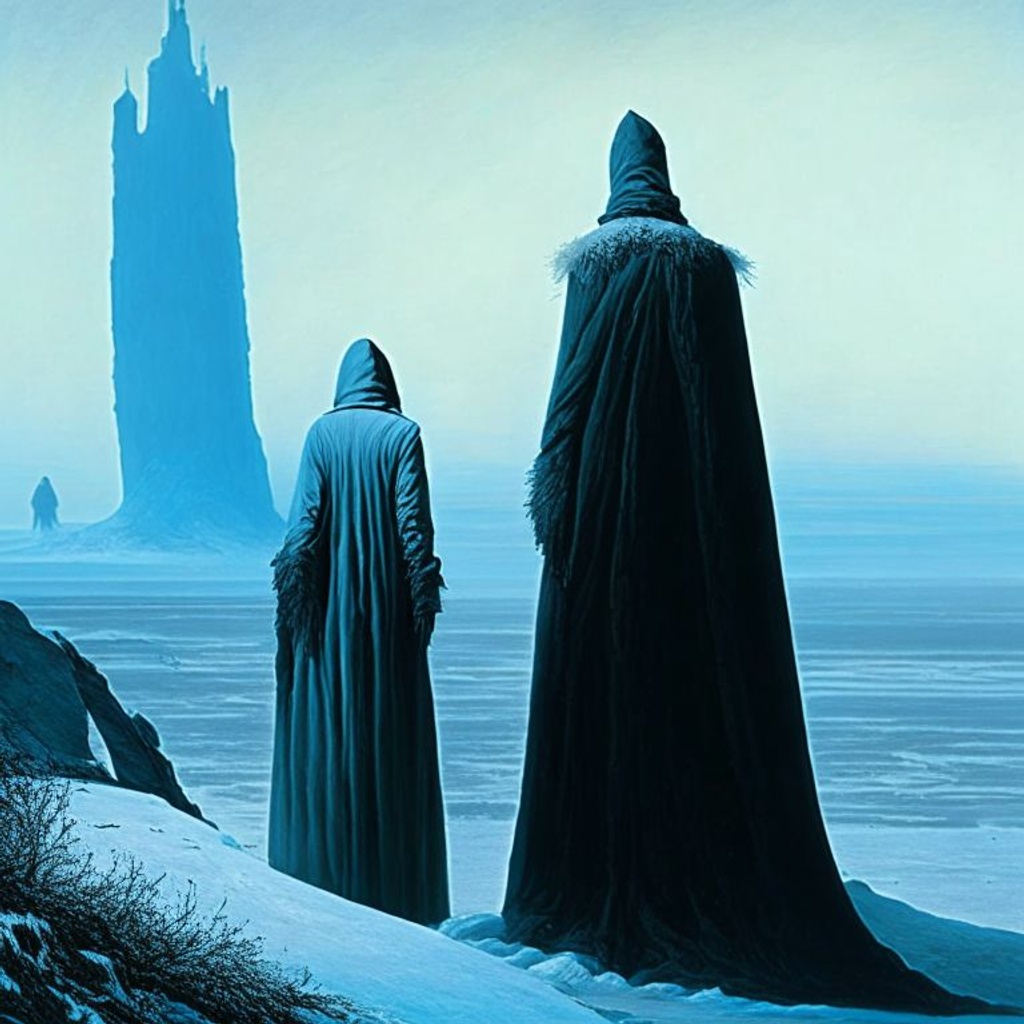 High-fashion hooded figures in icy blue ballgowns | OpenArt