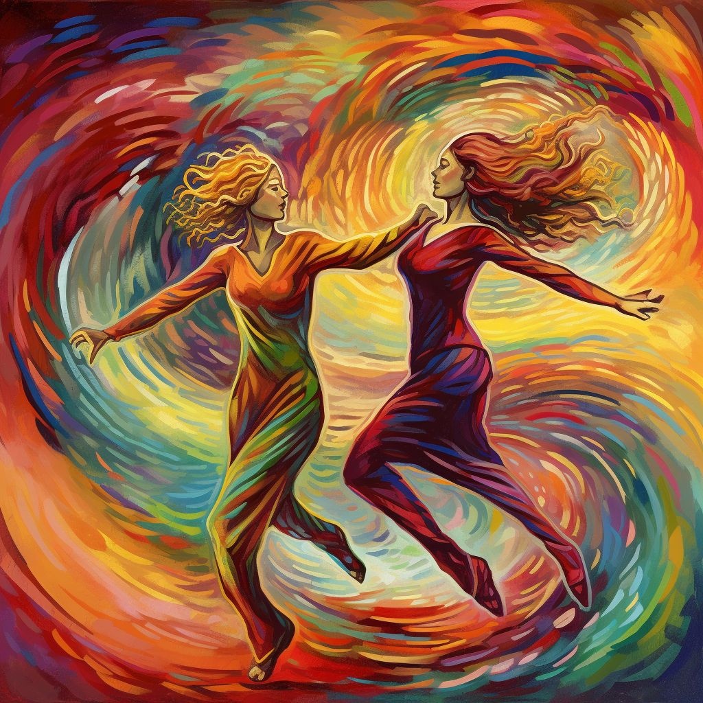 two women are dancing down the cloudy sky, in the st... | OpenArt