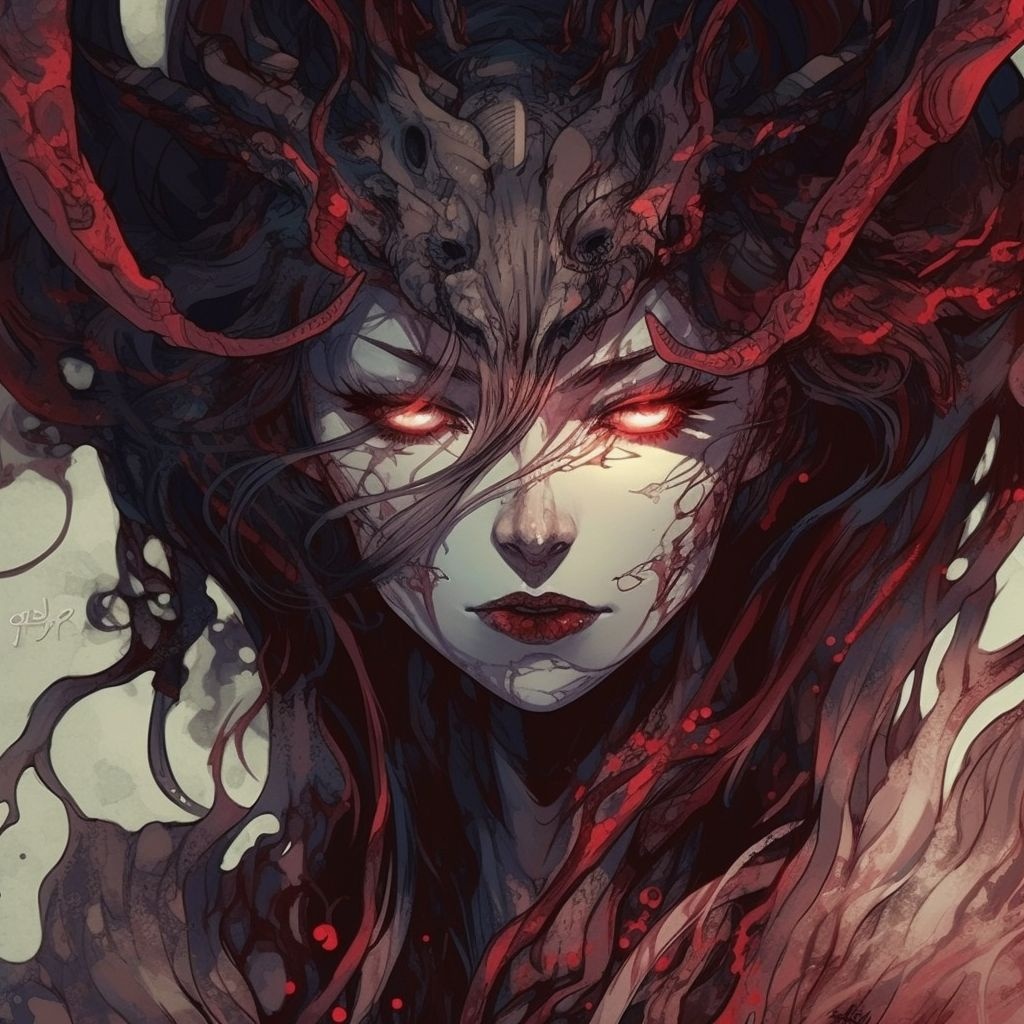 the demon woman whose face is distorted, in the styl...