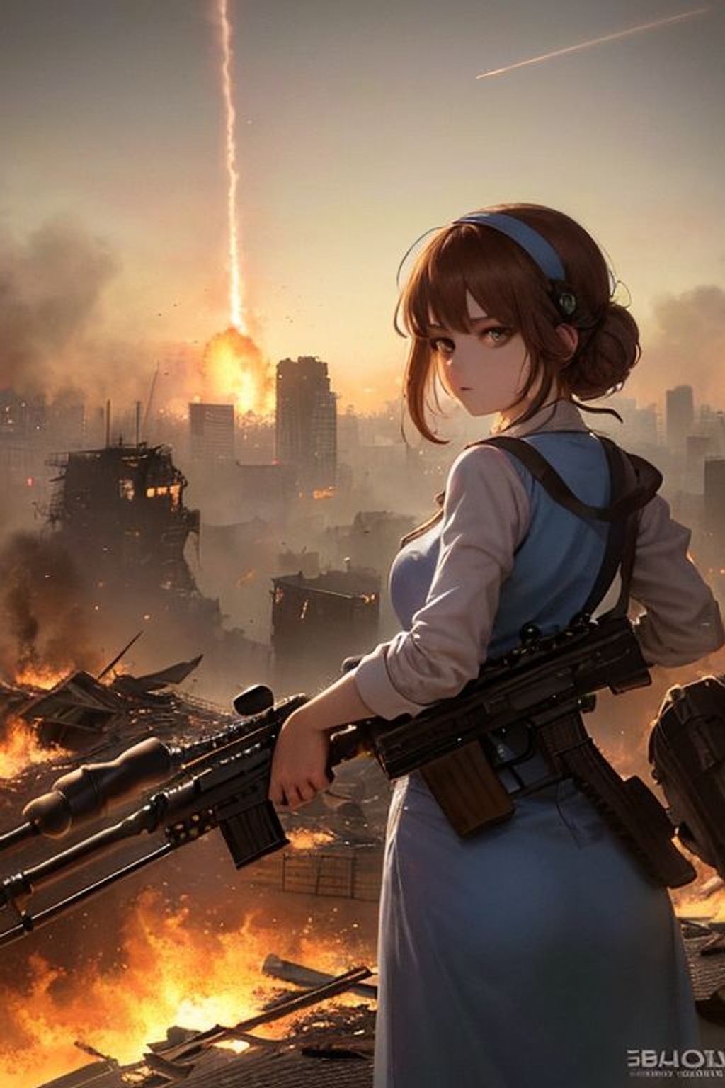 Girl,Sniper girl holding sniper rifle from rooftop o... | OpenArt