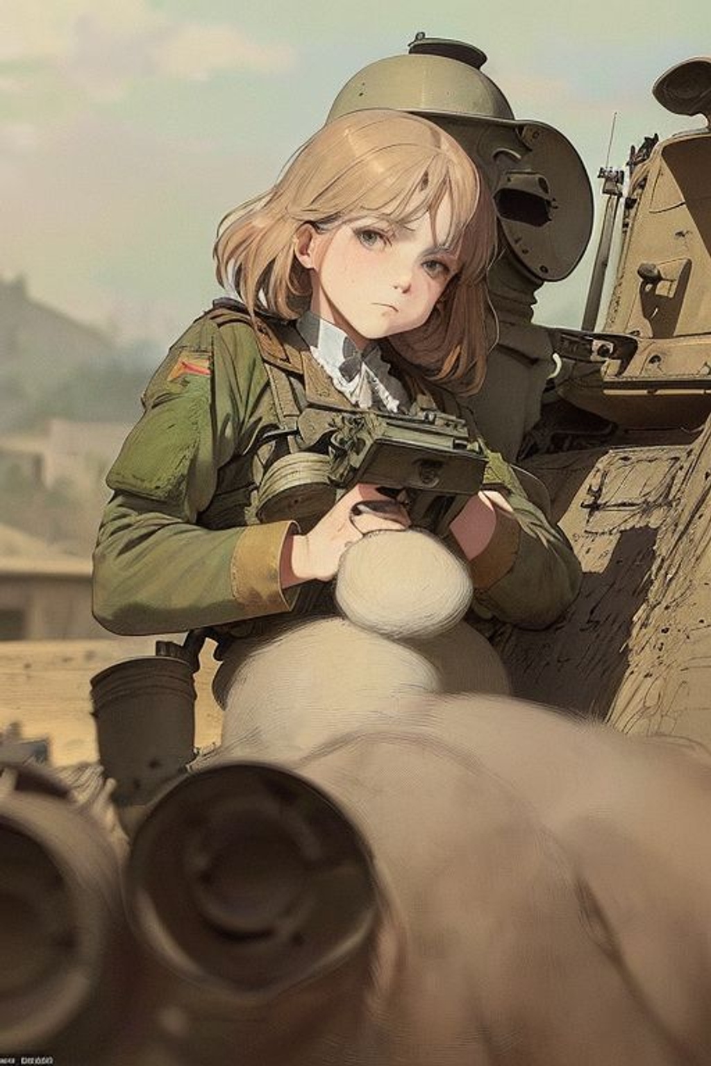 Girl,Soldier girl adjusting a tank, world war 2 back... | OpenArt