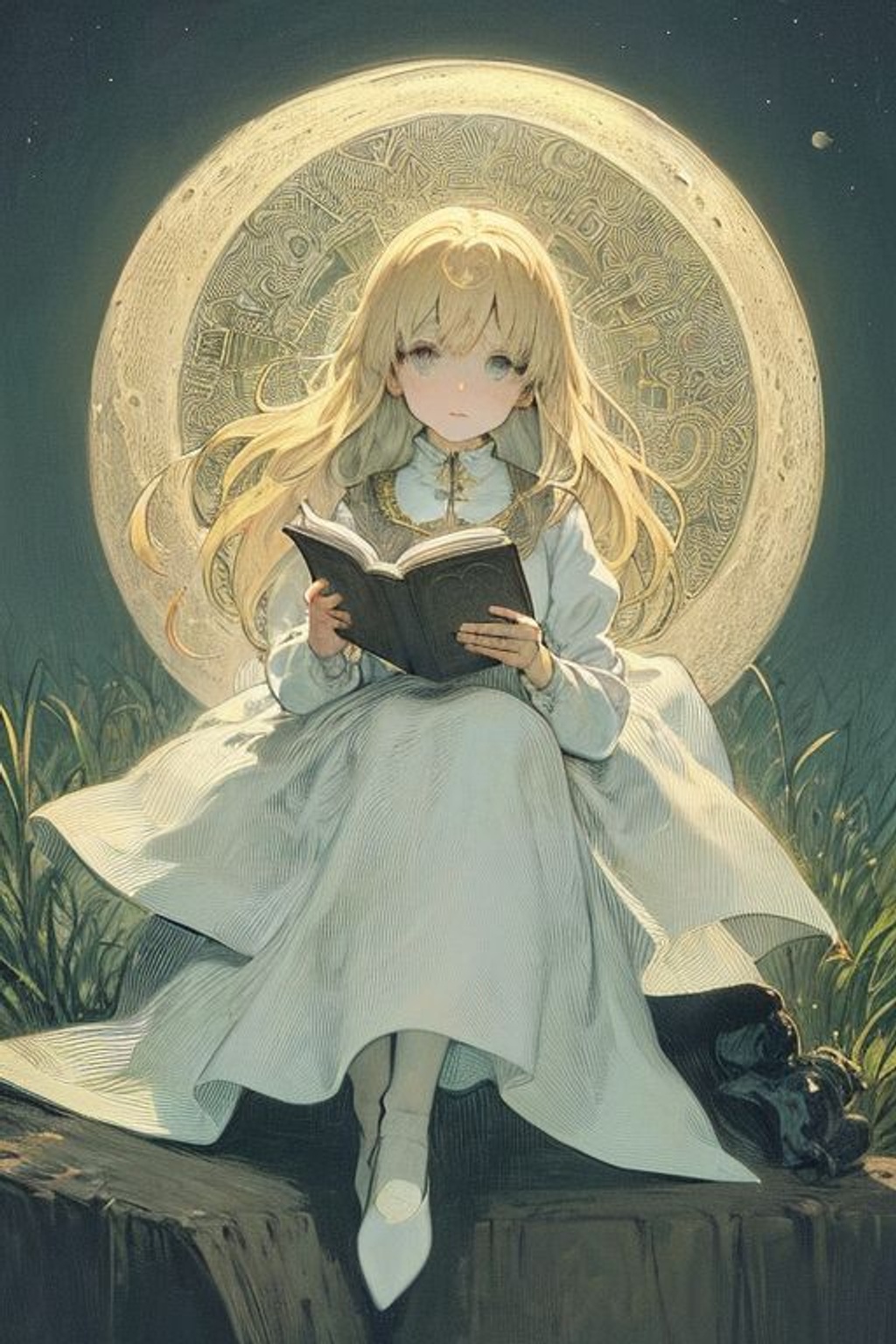 Girl,girl sitting on the moon and reading a book, cu... | OpenArt