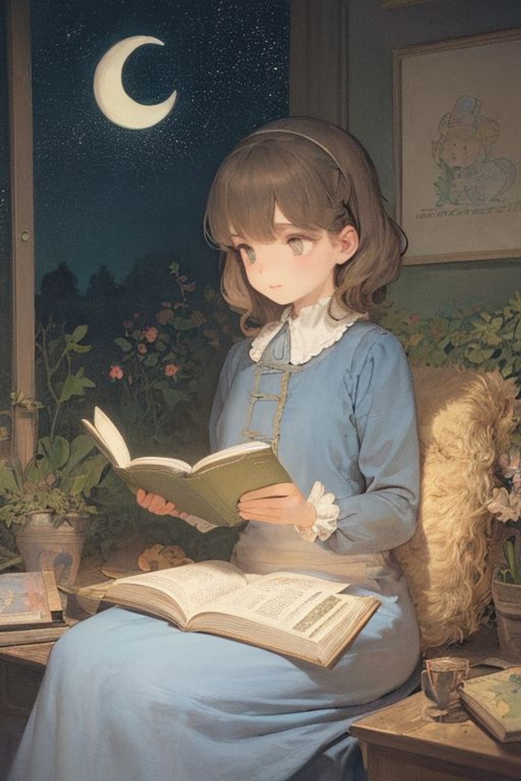 Girl,girl sitting on the moon and reading a book, cu... | OpenArt