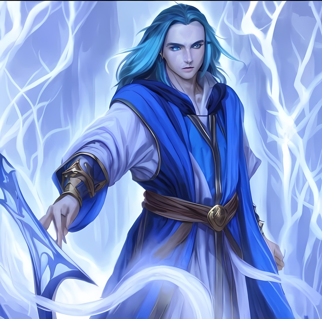 Masculine half elf caster with a fair complexion and...