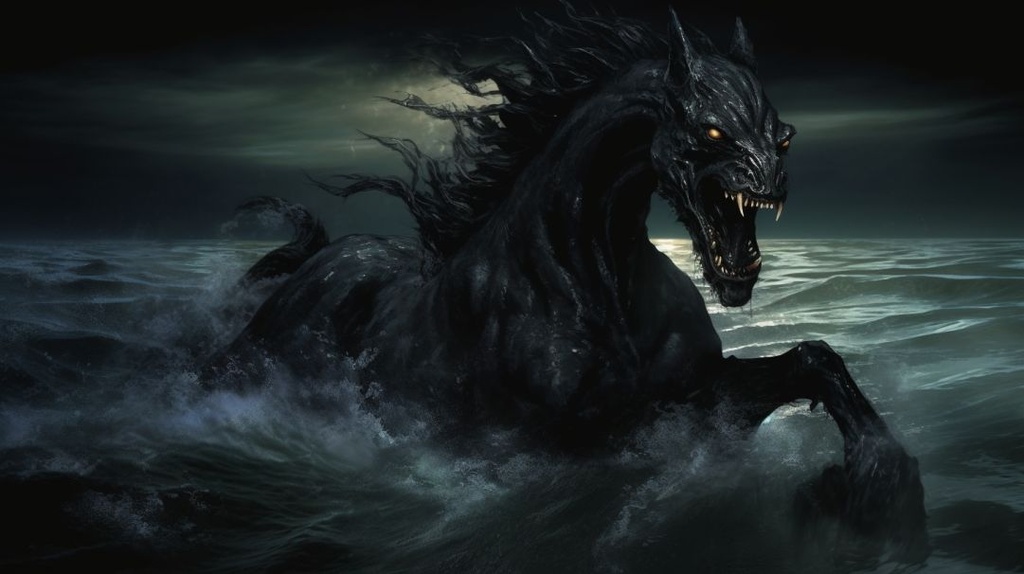 photorealistic, a dark black demonic horse rising ou...