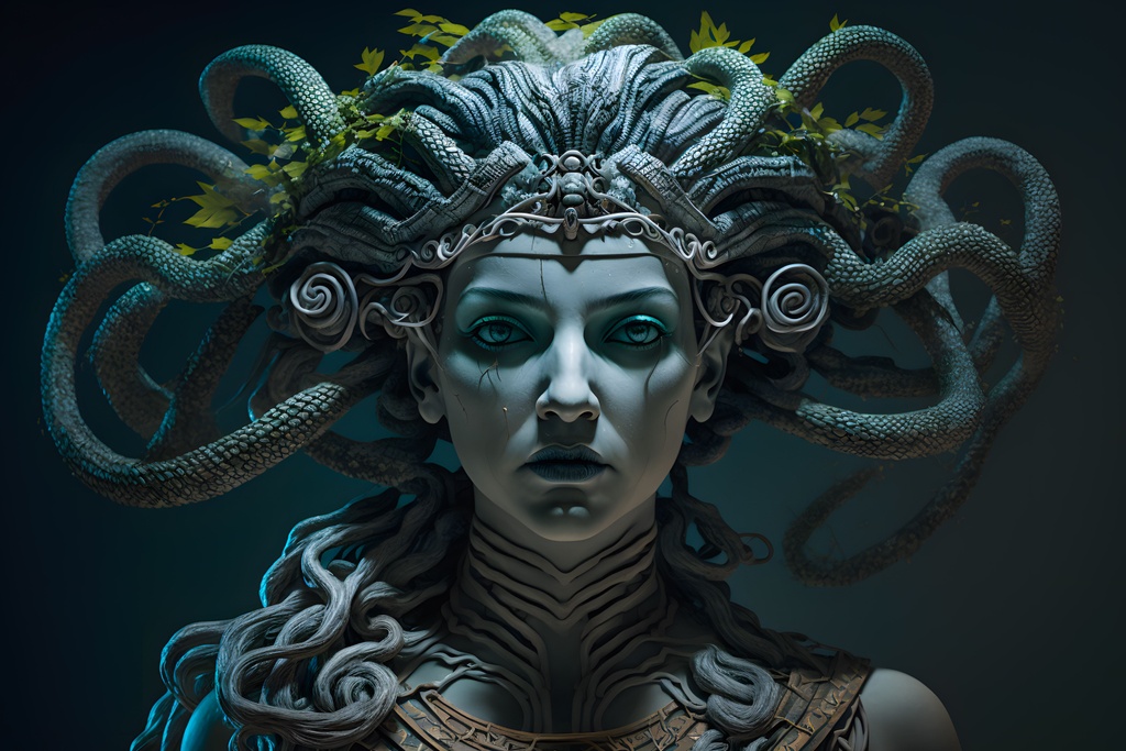 Photorealistic Full portrait Futuristic Robot Medusa...