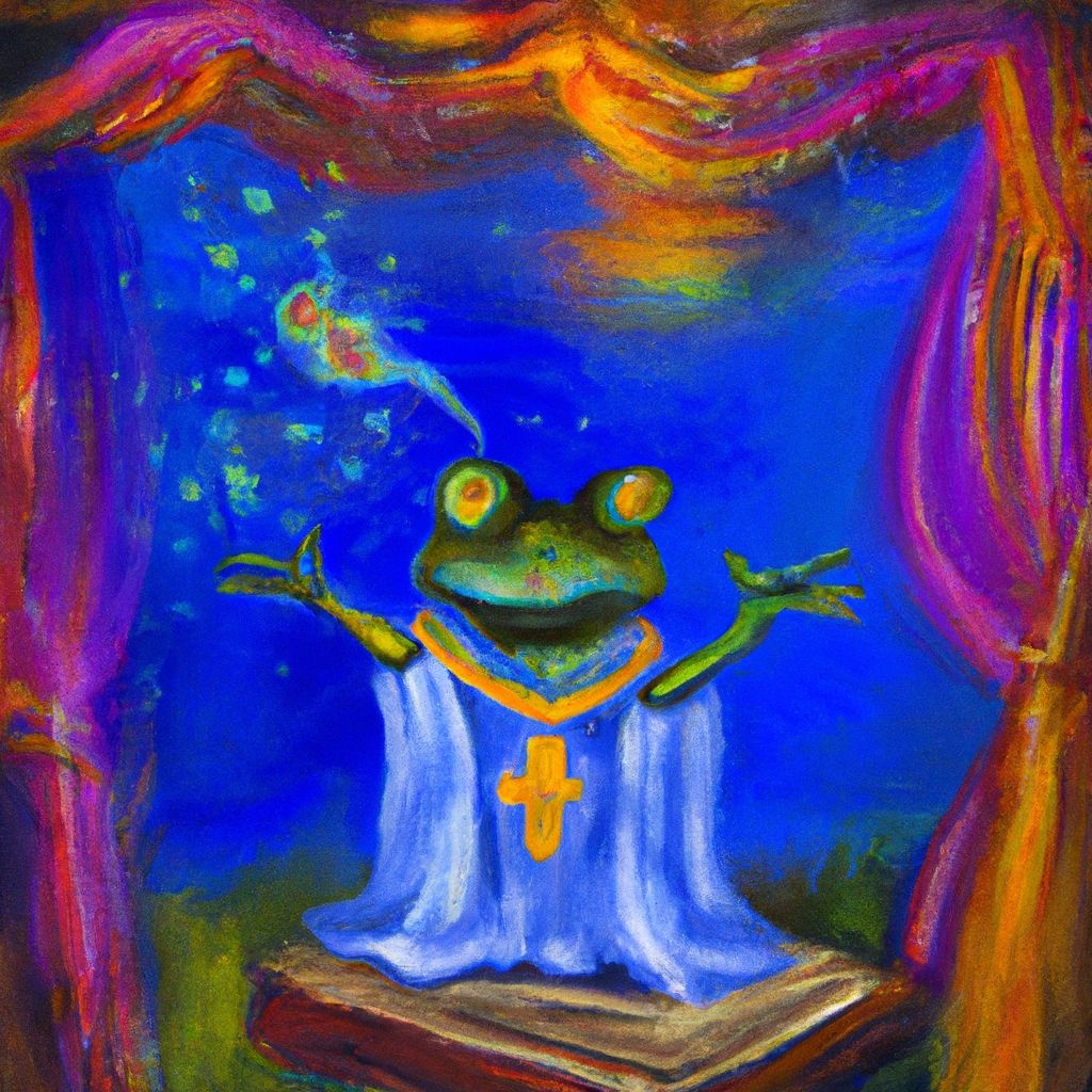 frog wizard casting a spell in a chapel, oil on canv...