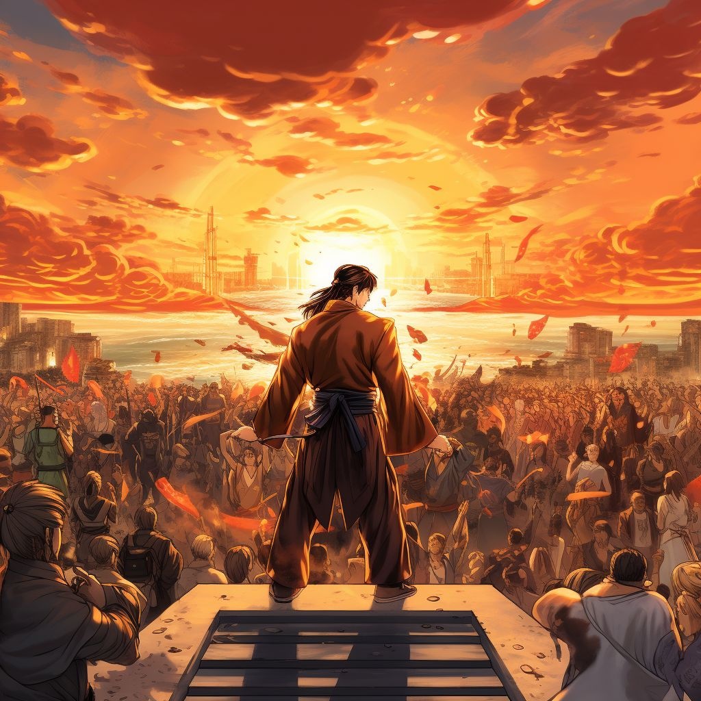 layer 1 [kung fu master fighters] layer 2 [crowd che...