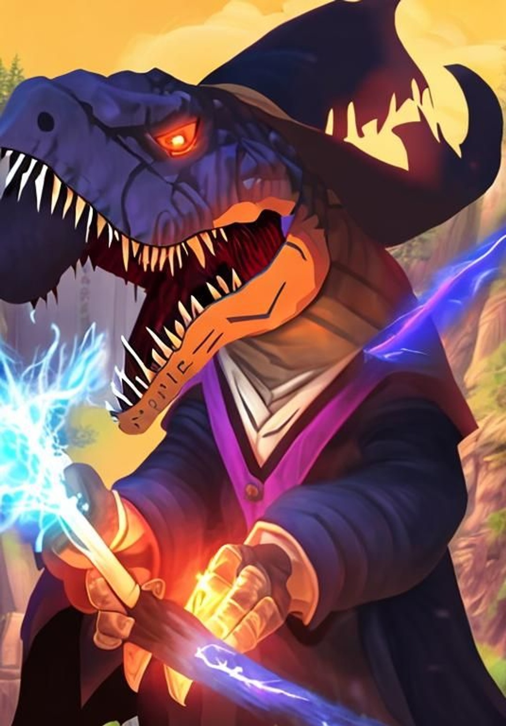 Generate a T-rex as a wizard with a magical hat, a f...