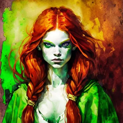 Handsome trickster god with long red hair, green eye...