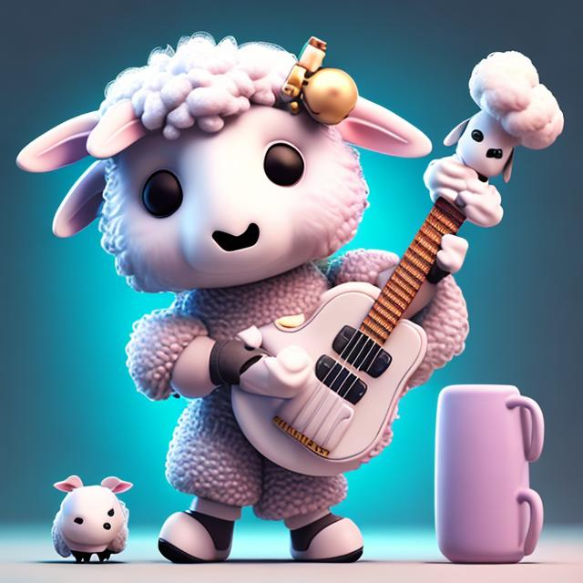 Tiny cute sheep using a guitar toy, standing charact...