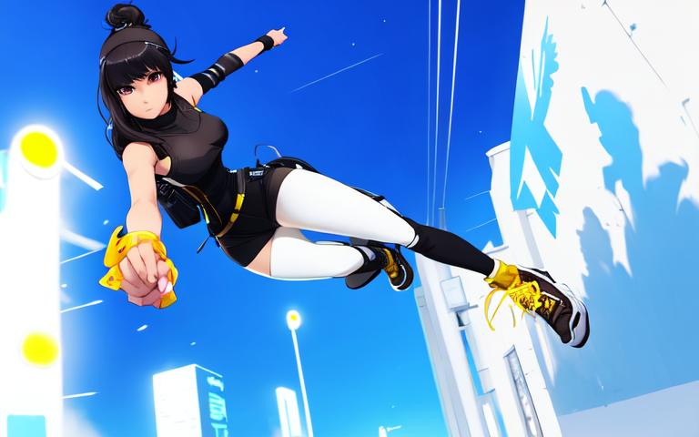 Highly detailed of a Anime girl running of a wall, c...