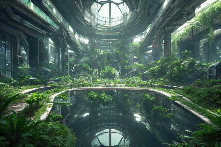Abandoned futuristic city overgrown with lush green...