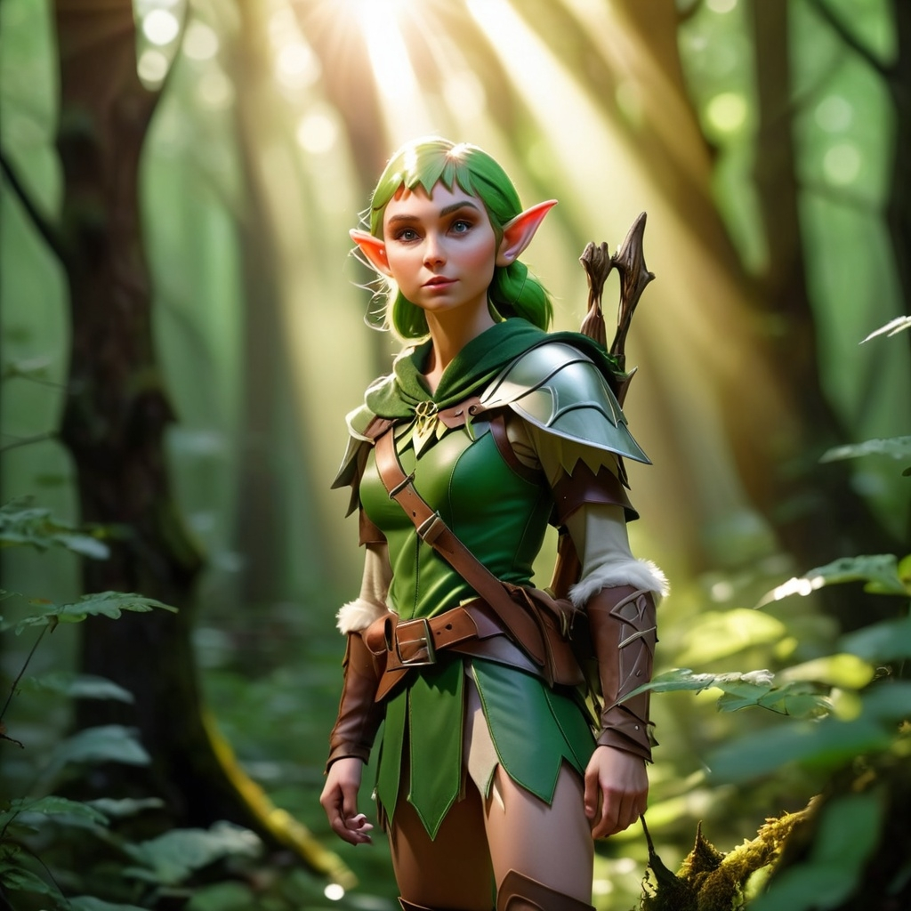 Elf ranger in a mystical forest around sunlight