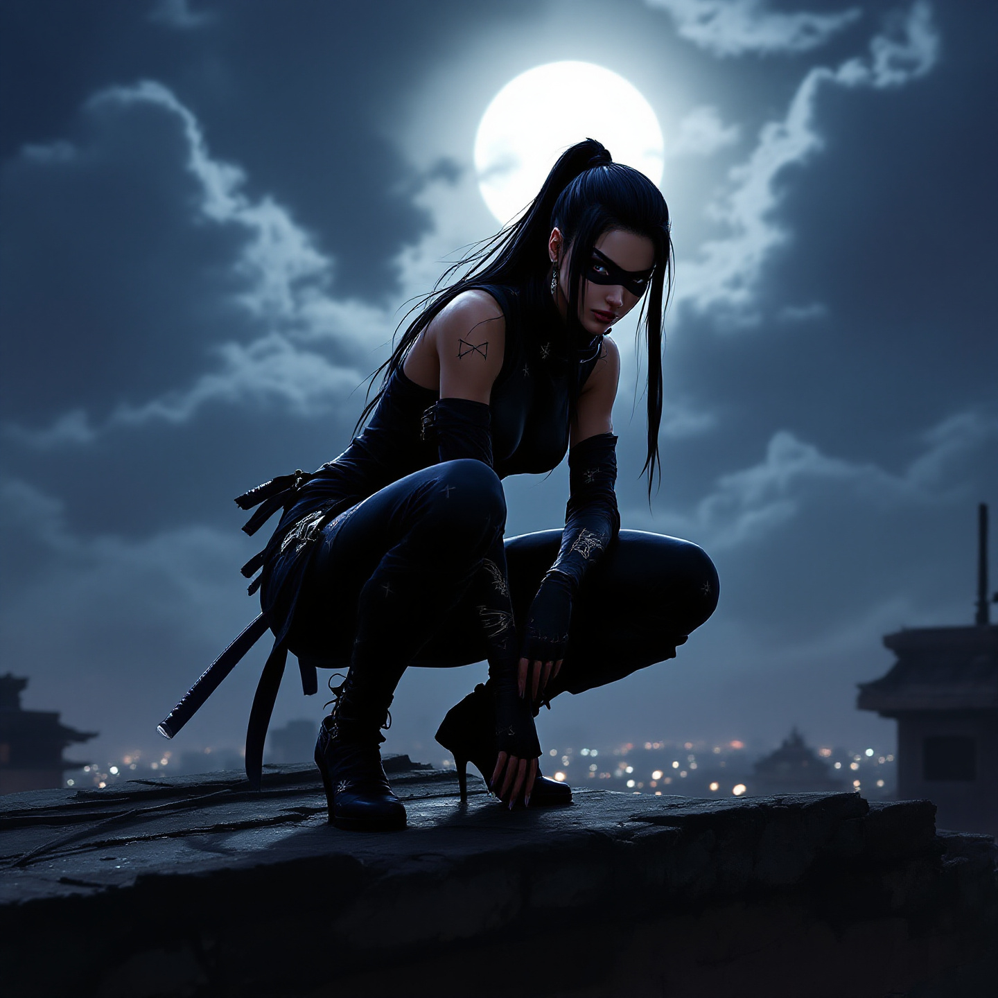A sleek and poised female ninja character, is depict...
