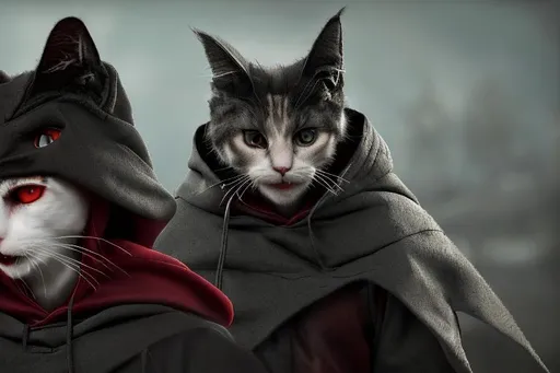 {vampire cats, hooded cloak, gotham style, red eyes,...
