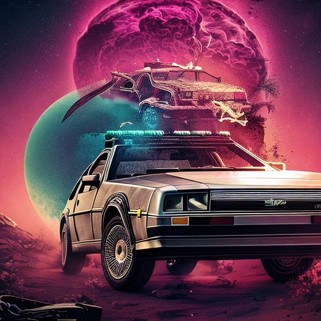 skeleton, retro wave, robot apocalypses, DeLorean