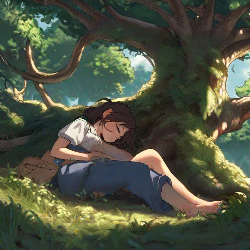 A girl sleeping in a ground tree, digital art, photo...
