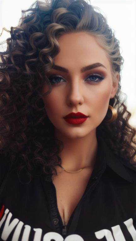 blonde hair, blue eye, red lips. high quality, high...