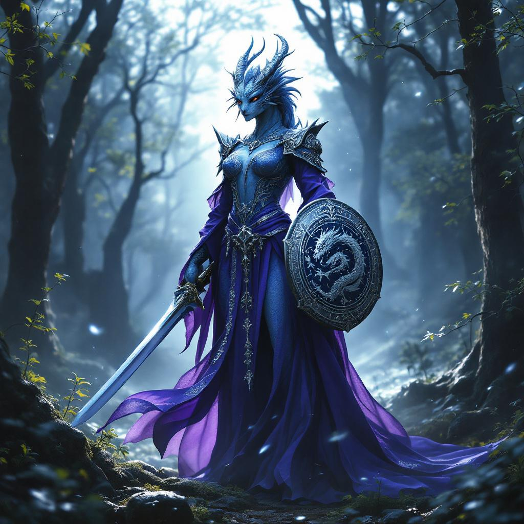 a female dragon humanoid with silvery blue scales we...