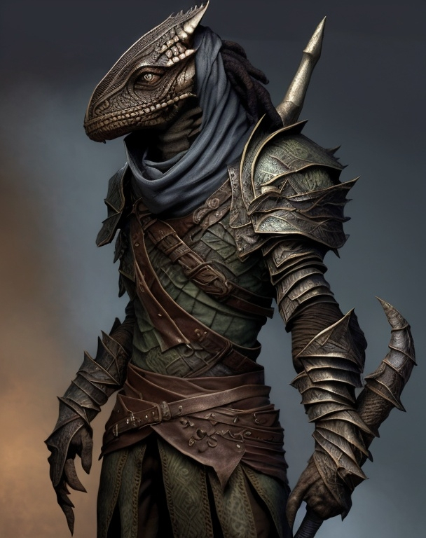 A tall and slender humanoid dragonborn lizardfolk wi...