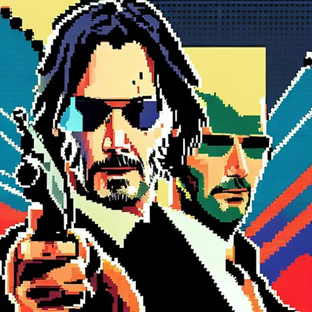 keanu reeves holding a gun, retro-wave, pixel art | OpenArt
