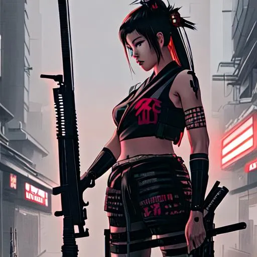 samurai girl with rifle in cyberpunk