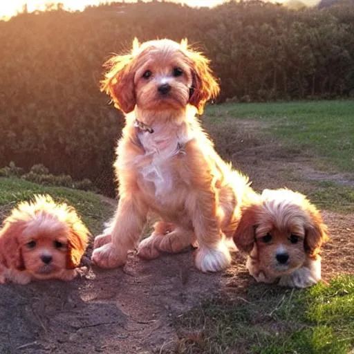 pretty cute cavapoo puppies with a sunset | OpenArt
