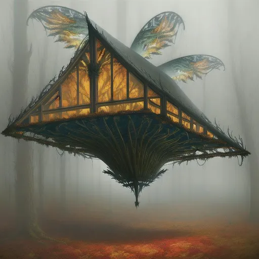 surreal concept art of a strange winged cabin flying... | OpenArt