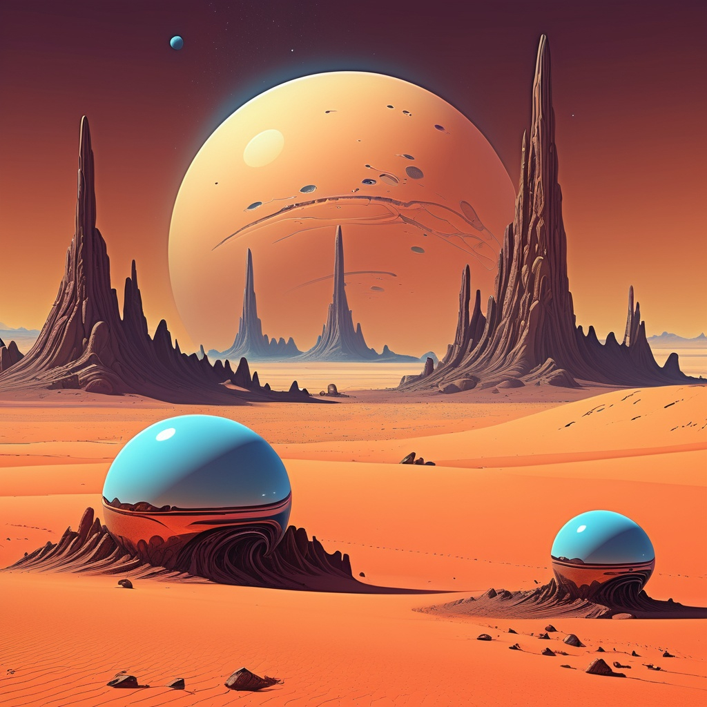Alien planet desert in the style of moebius