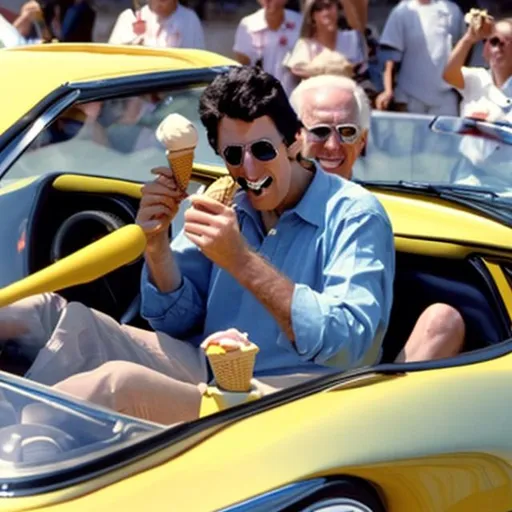 Biden driving the world's smallest yellow corvette w...