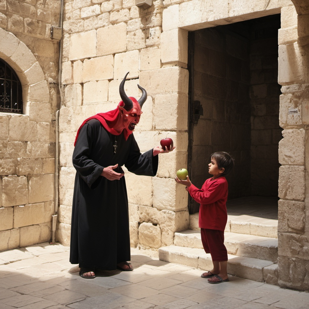 Satan temping a child with an apple at the corner a...