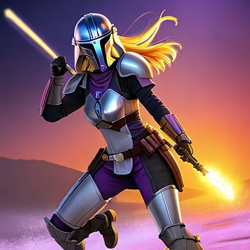 concet art of a purple female mandalorian, Nick Gind...