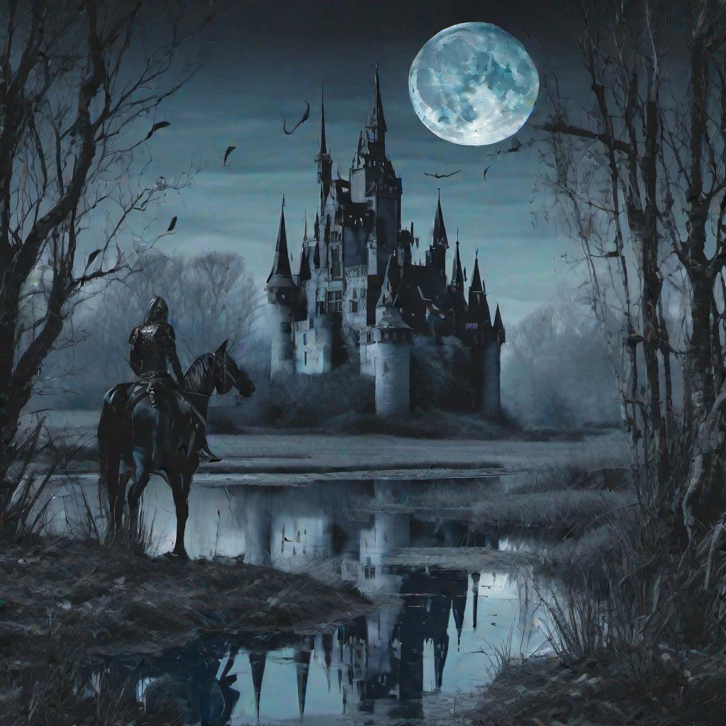 Gothic castle in a dark swamp wetland, blue tint, bl...