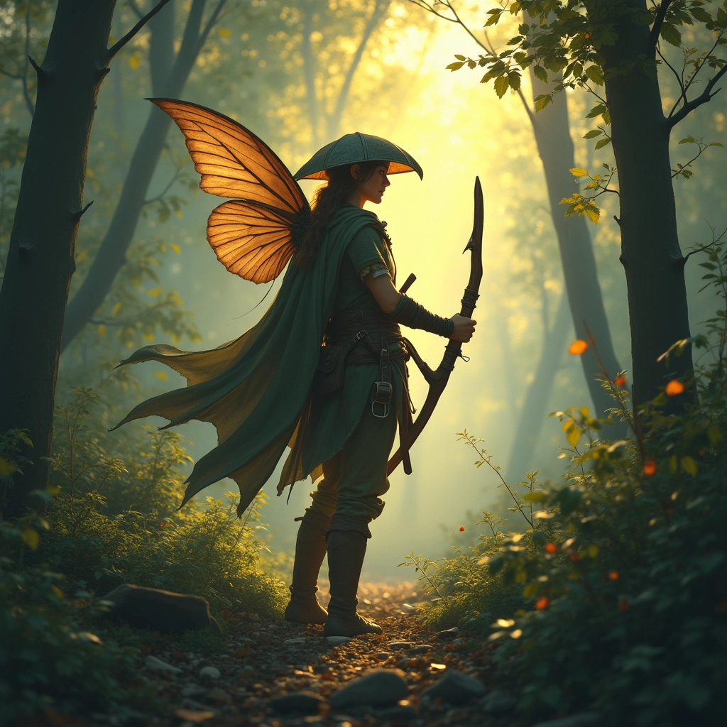 Elf ranger in a mystical forest around sunlight