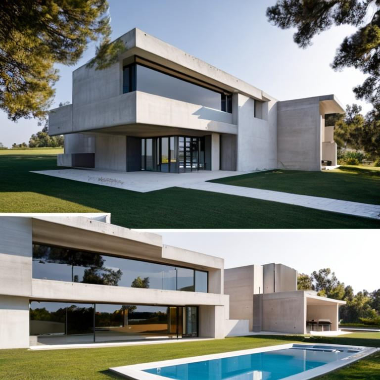 Minimalistic concrete villa with big window and stru... | OpenArt