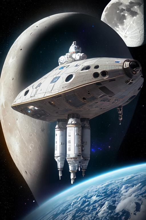 space ship floating in the space, earth and moon, vi... | OpenArt