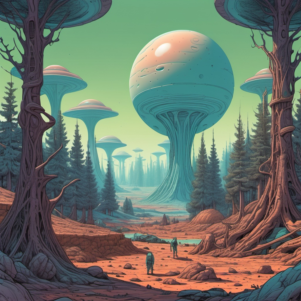 Alien planet forest in the style of moebius
