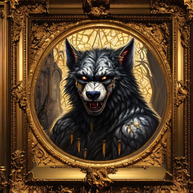 a realistic painting of Werewolf inside a golden go...