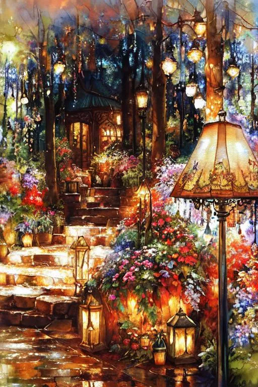 Wet Watercolor, iridescent effect, a lamp forest by... | OpenArt
