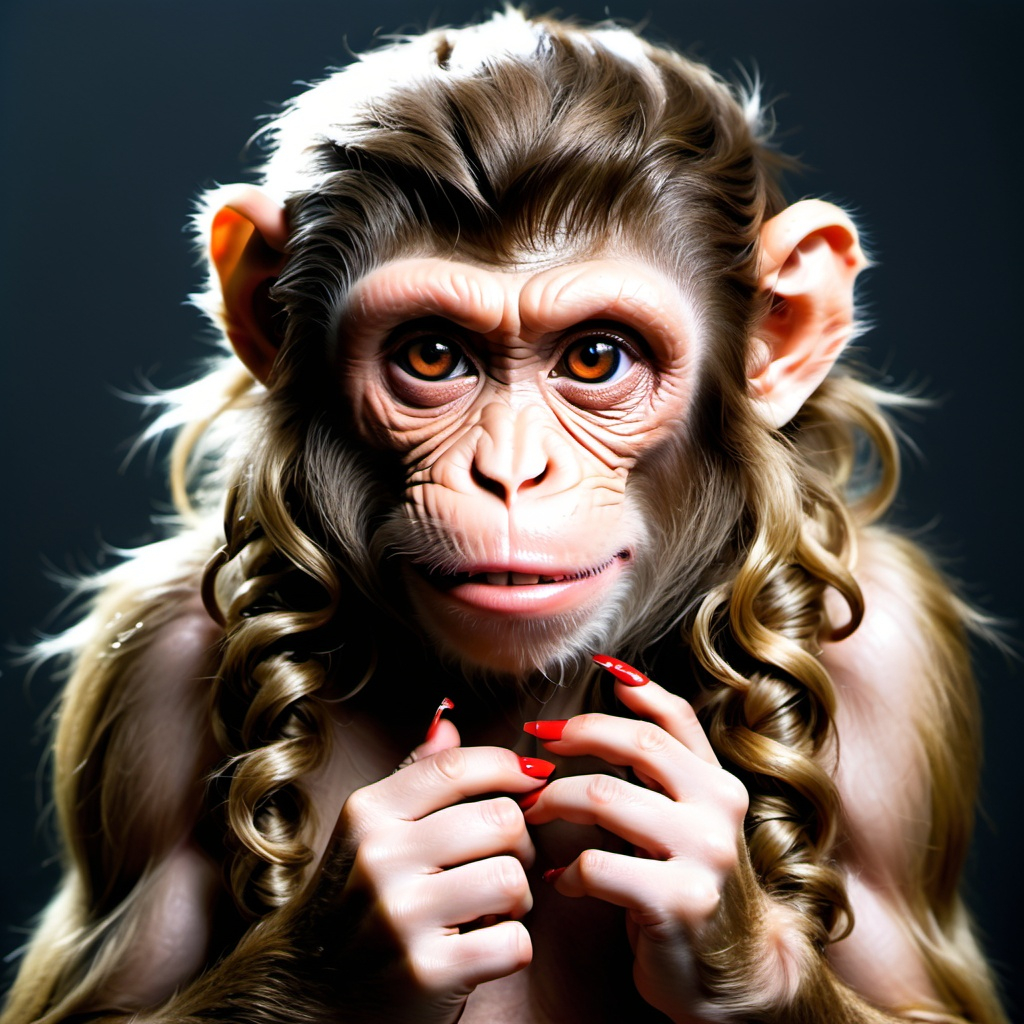 monkey with long curly hair with long baddie nails...