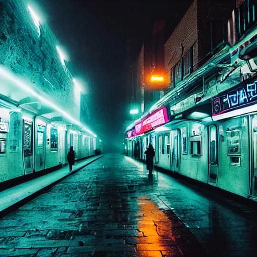 Rain fog night lights Neon sign boards subway | OpenArt