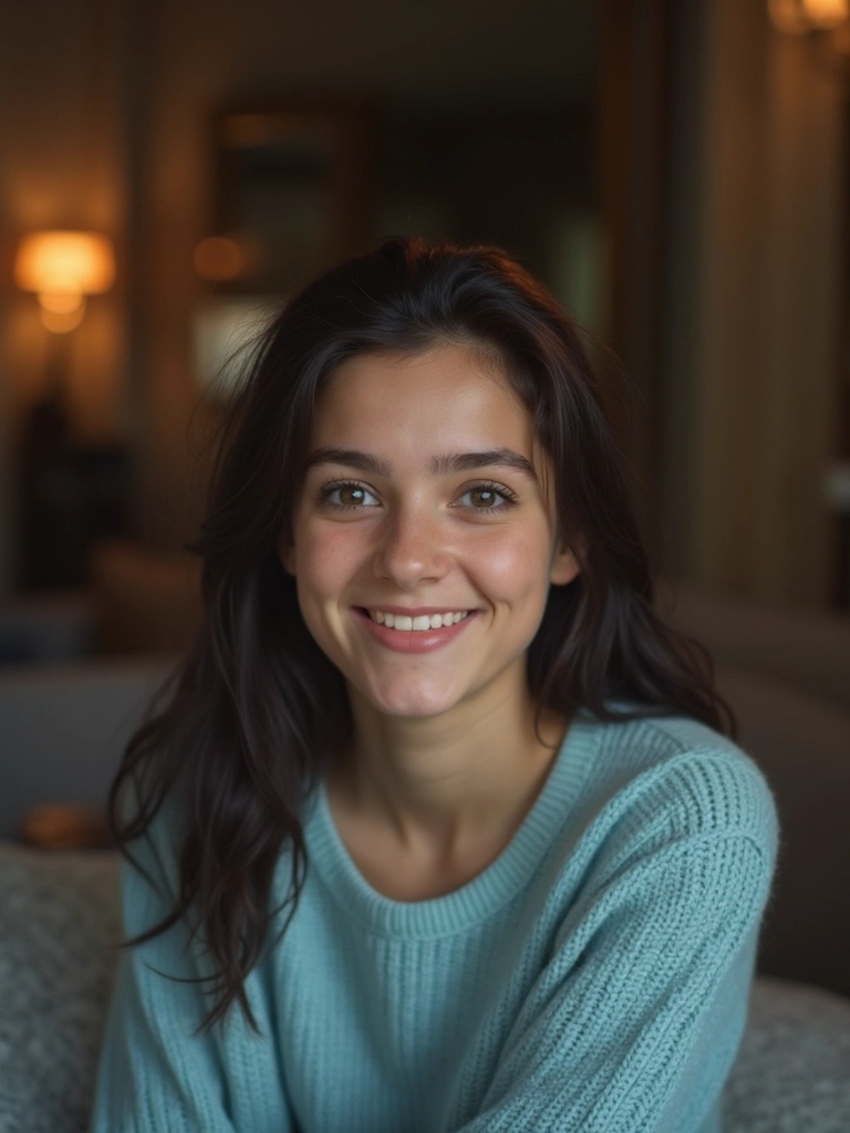 Framed in a cozy, intimate setting, a young woman wi...