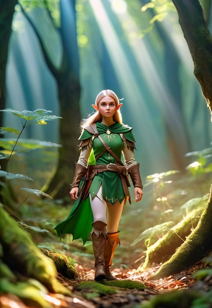Elf ranger in a mystical forest around sunlight
